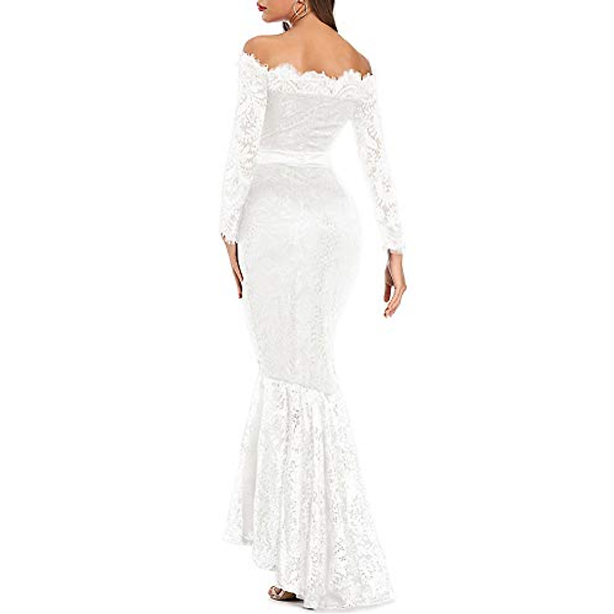 LALAGEN Women's Floral Lace Long Sleeve Off Shoulder Wedding Mermaid Dress White XL