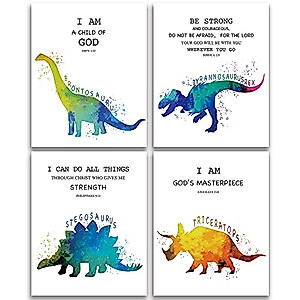SUUURA-OO Christian Quotes Bible Scripture Quote Dinosaur Watercolor Wall Art Prints Set of 4 (8”X10”), Dinosaur Poster Wall Decor for Kids Teens Boys Room Bedroom Nursery Unframed