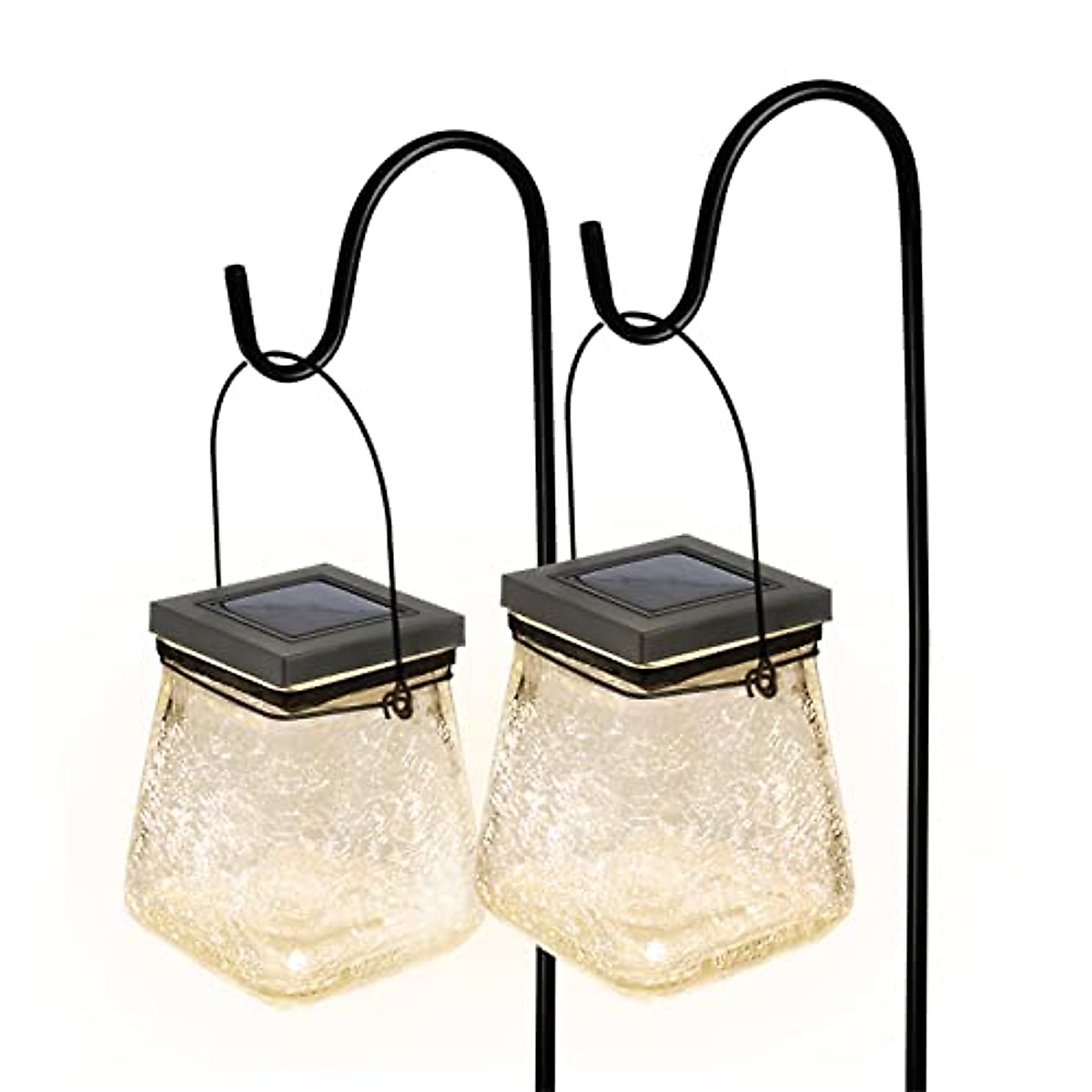 Landia Home 2 Packs Solar Crackle Glass Solar Lanterns Light Hanging Outdoor Waterproof 10 Lumens 3000K Decorative Large Crackle Glass Garden LED Lights, No Wiring for Patio Backyard Garden Holidays