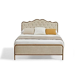 Queen Size Metal Upholstered Platform Bed Frames with Buckle Shaped Headboard, Mid-Century Modern Platform Bed with Sturdy Solid Wood Slat Support for Bedroom Boys Girls, Under Bed Storage, Beige