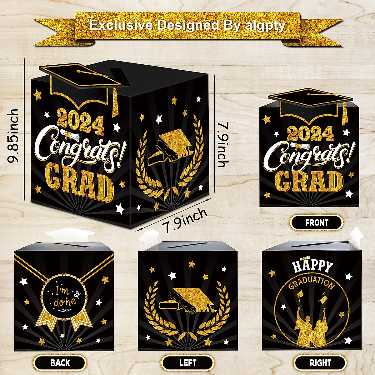 algpty Graduation Decorations Black and Gold 2024 - Guest Book Alternative, Graduation Cards Box with 36PCS Graduation Advice Cards, Signature Board Congrats Grad Decoration Graduation Supplies 2024