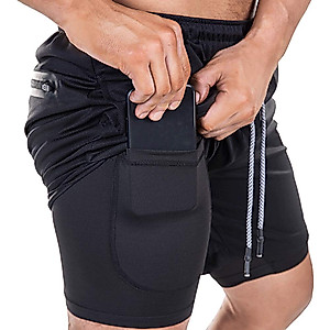 EVERWORTH Men's 2-in-1 Bodybuilding Workout Shorts Lightweight Gym Training Short Running Athletic Jogger with Zipper Pockets Black M Tag XL