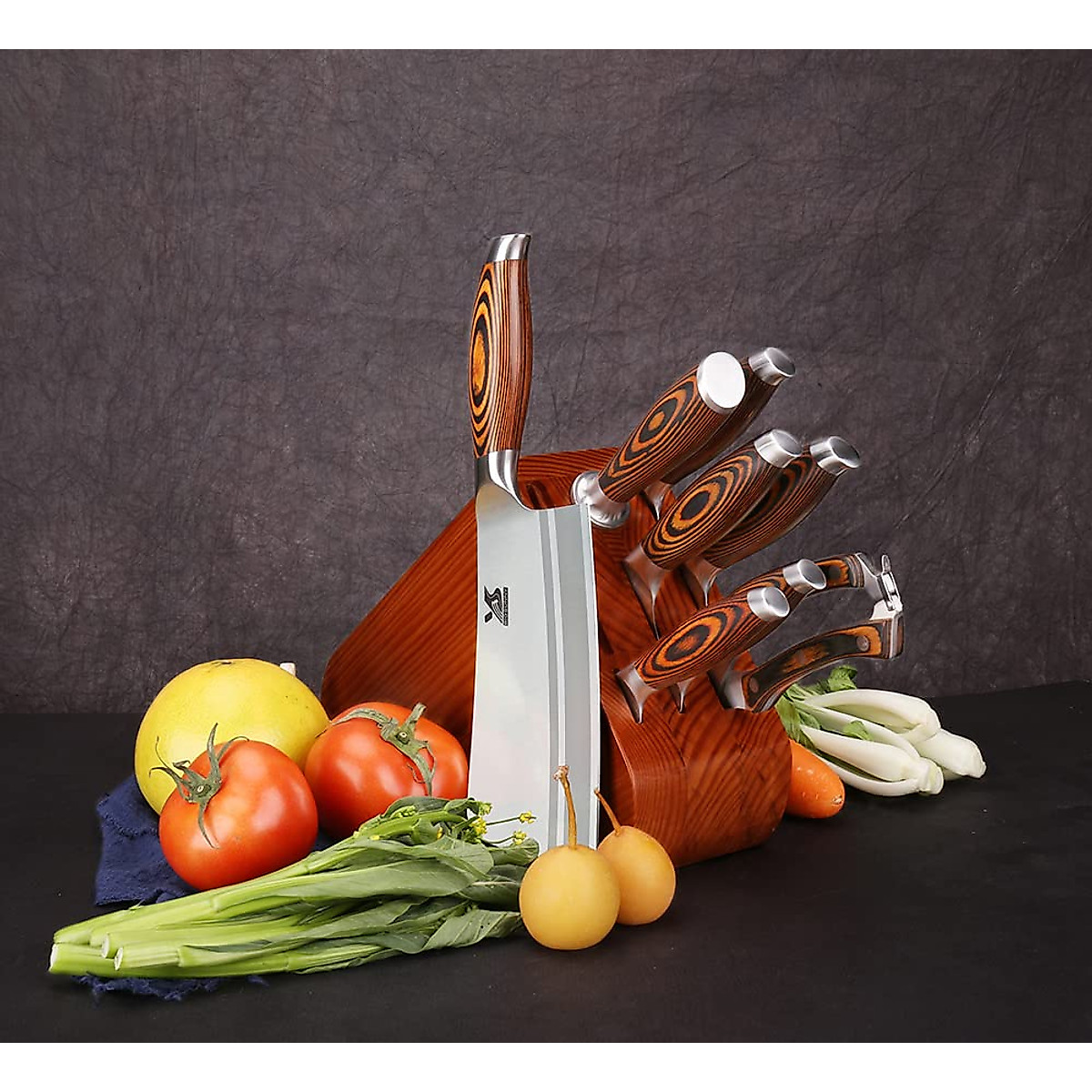 MSY BIGSUNNY 9pcs Knife Block Set, German Steel Kitchen Knife Set with Bone Chopper, Precious Pakkawood Handle for Chef Knife Block Set