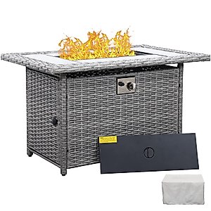 60000 BTU Wicker Gas Fire Pit Outdoor Fire Pit Table 45 Inch Fire Pits for Outside with Woodgrain Marble Tabletop Fire Pit Cover and Blue Crystal Beads