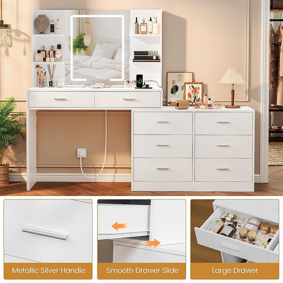 Quimoo 65.9'' Vanity Desk with LED Lighted Mirror & Power Outlet, Modern Corner Makeup Vanity Table with 8 Drawers & Open Shelves, Dressing Table for Bedroom, Makeup Room