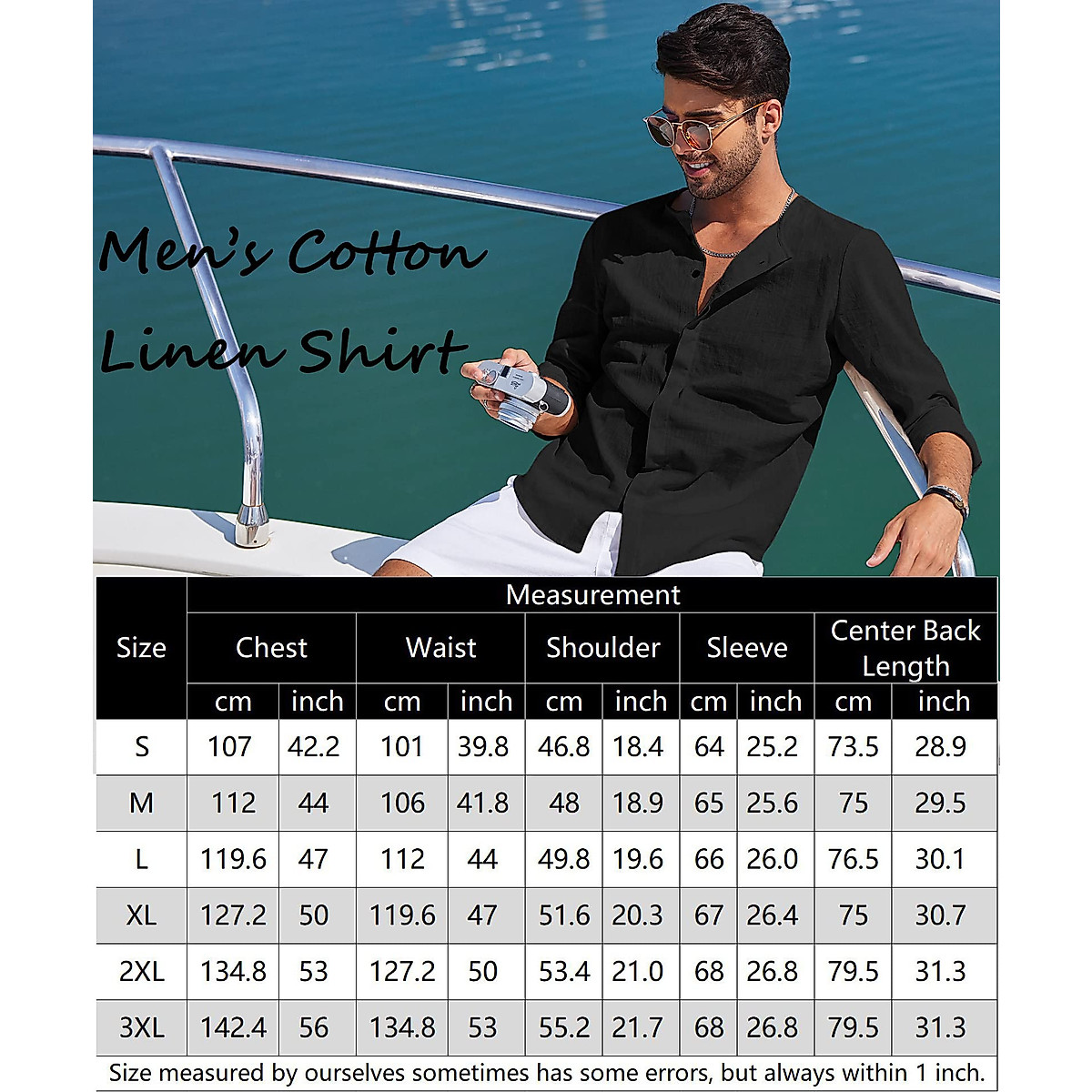 COOFANDY Men's Linen Button Down Shirt Long Sleeve Casual Beach Tops(Blue, Medium)