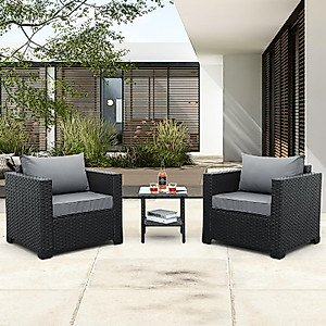 3 Piece Patio Set Wicker Patio Furniture Patio Conversation Sets Outdoor Chairs and Glass Side Table Balcony Furniture with Non-Slip Cushions and Waterproof Covers, Light Grey