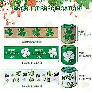 TONIFUL 3 roll Green and White Wired Burlap Ribbon, 2.5 inch x 6yd, Green Shamrock Leaves Good Luck Clover Wired Ribbons for St Patrick's Day Decor，Spring Summer Wreath Bows Crafts Gift Wrapping