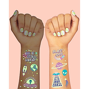xo, Fetti Space + Planets Glow in Dark Temporary Tattoos for Kids - 50 pcs | Alien Birthday Party Supplies, Astronaut Favors + Rocket ship Decorations