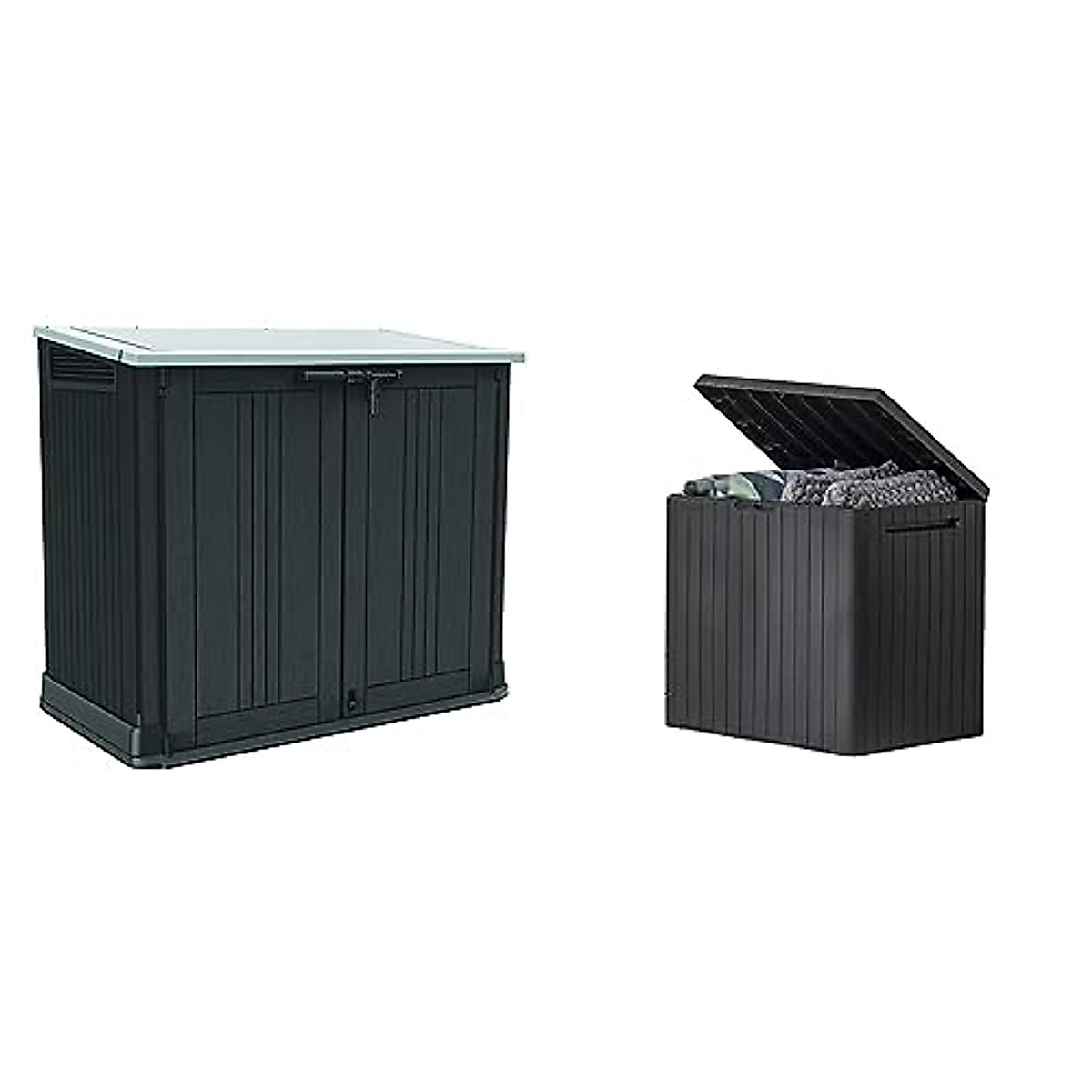 Keter Store-It-Out Prime 4.3 x 2.3 Foot Resin Outdoor Storage Shed, Black & City 30 Gallon Resin Deck Box for Patio Furniture, Pool Accessories, and Storage for Outdoor Toys, Grey