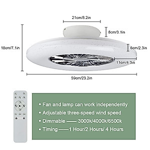 DLLT LED Remote Ceiling Fan with Light Kit-40W Modern Dimmable Ceiling Fan Lighting, 7 Invisible Blades Ceiling Fans, 23 Inch Ceiling Lighting Fixture Flush Mount, 3 Color Changeable, 3 Files, Timing