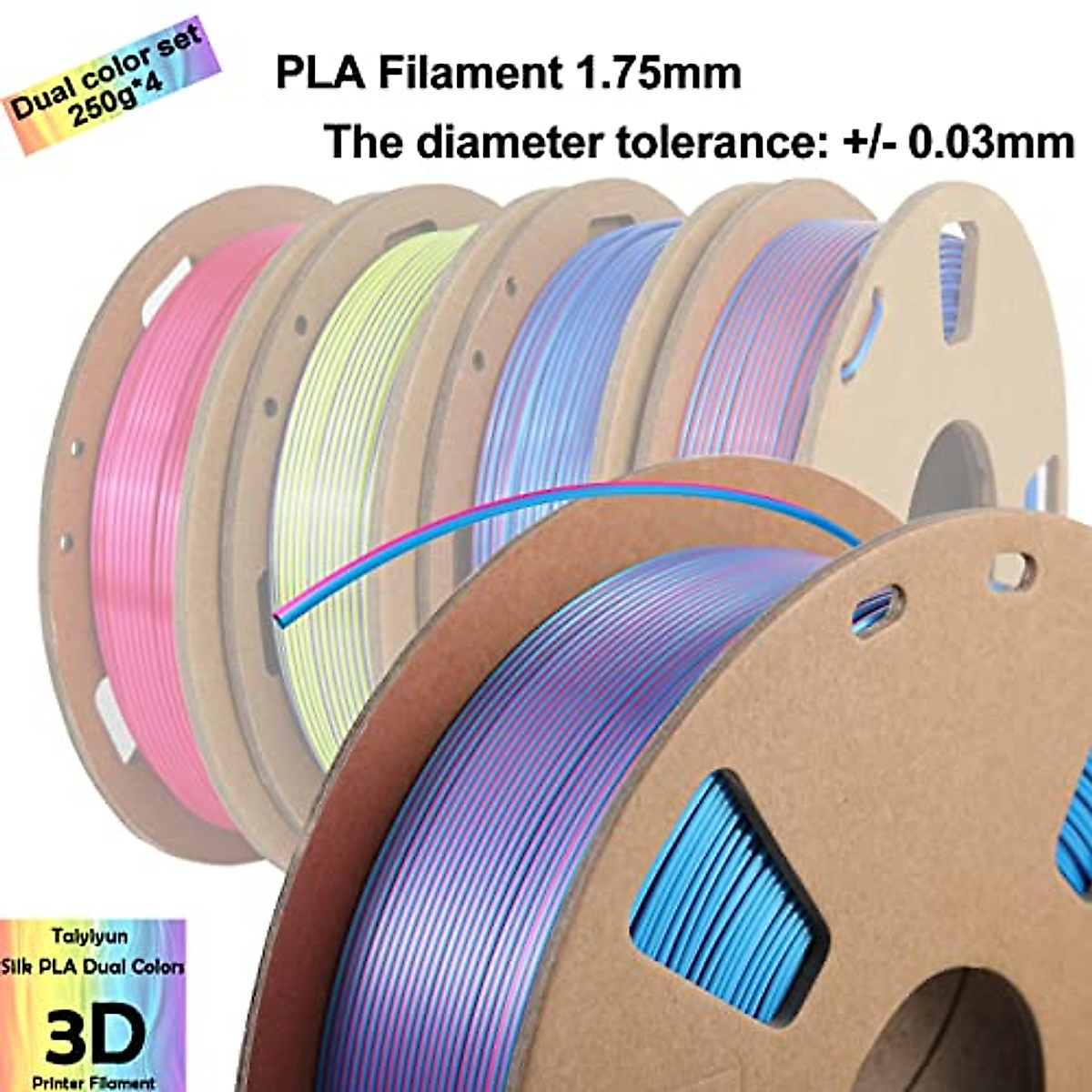 Taiyiyun 3D PLA Filament 1.75mm Bundle, Dual Color Filament PLA Dimensional Accuracy +/- 0.03 mm 3D Printing Filament, Color Changing PLA Silk Filament 250g*4 Spools