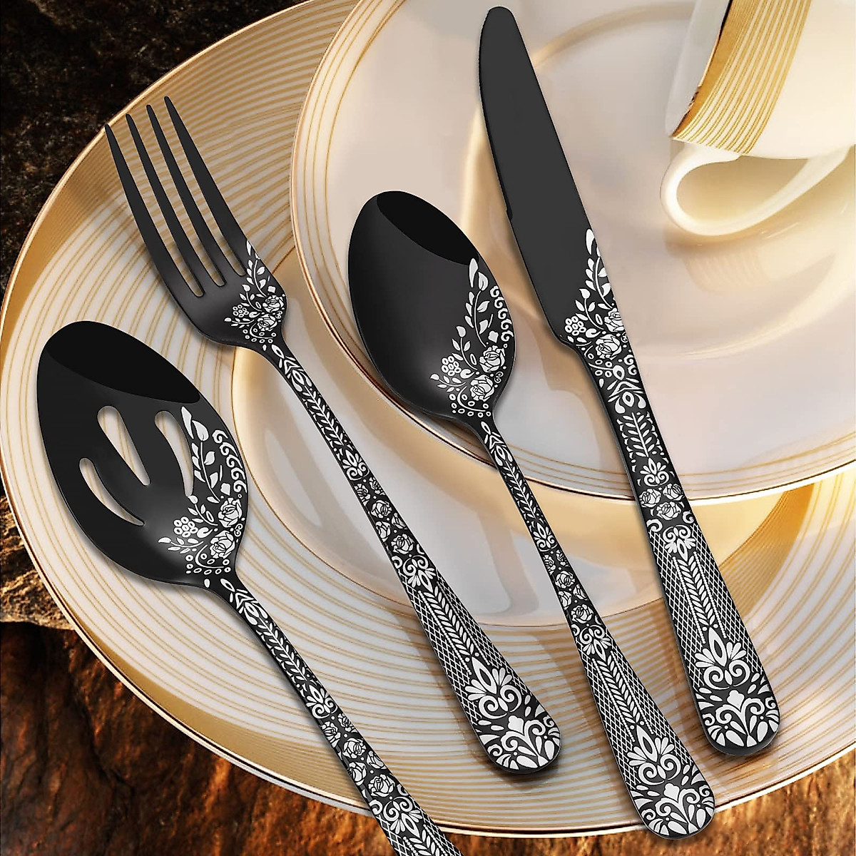 EUIRIO 89-Piece Black Silverware Set with Serving Utensils, Black Flatware Set for 14, Stainless Steel Mirror Cutlery Set, Spoons Forks Knives with Unique Floral Laser, Tableware Set, Dishwasher Safe