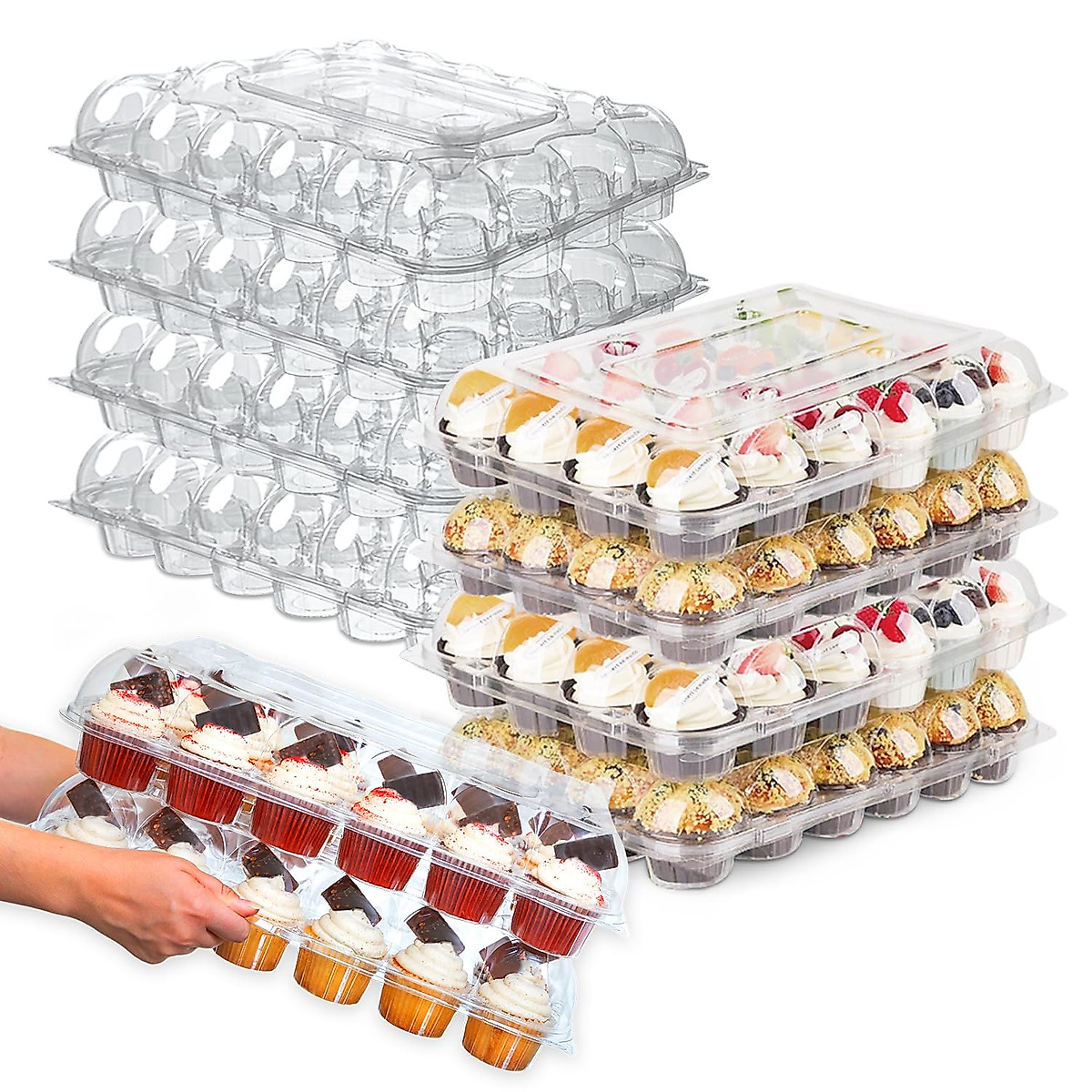 SWEET TREATZ - (10 Pc Set Plastic HI-DOME 24 Count Stackable Travel Cupcake Carrier with Detachable Lid. Clear STURDY Food Grade Plastic. Disposable or Reusable Cupcake Transport Container