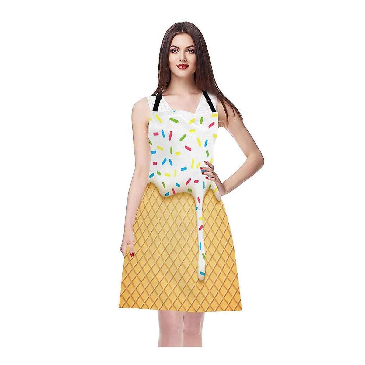 WONDERTIFY Ice Cream Apron,Cartoon Ice Cream Cone with Dripping White Glaze and Wafer Texture Bib Apron with Adjustable Neck for Men Women,Suitable for Home Kitchen Cooking Waitress Chef Grill Apron