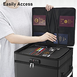 JLMY Fireproof Fiberglass Silicone 2 Layer Portable File Box with Lock for Letter Legal Size Folder Certificate Book Storage, Black, 42L