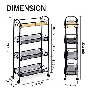 KINGRACK 4-Tier Slim Rolling Cart,Metal Utility Cart,Slide Out Storage Cart with Wooden Tabletop and Mesh Baskets for Narrow Space on Kitchen Bathroom Laundry Room Bedroom Apartments Dormitory, Black