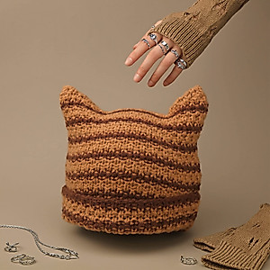 Sureio 25 Pcs Y2K Grunge Knitted Cat Beanie with Fairy Grunge Ripped Gloves Earrings Necklace Rings Devil Horn Grunge Accessories(Brown)
