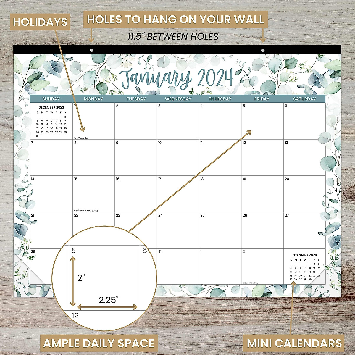 bloom daily planners 2024 Desk Calendar - 21" x 16" Large Monthly Organizer Pad with Stickers (January 2024 - December 2024) Desktop Blotter - Greenery