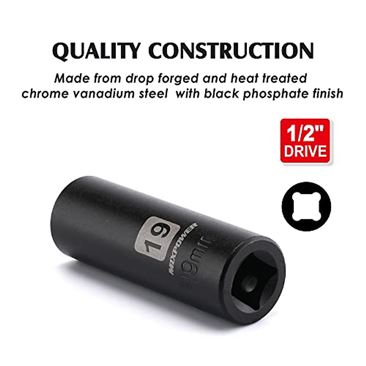 MIXPOWER 1/2-Inch Drive Deep Impact Socket, 19mm, CR-V, Metric, 6 Point, Deep