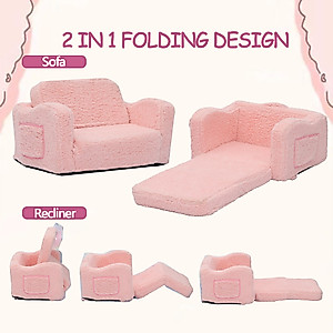VINYUSE Toddler Couch, 2-in-1 Kids Toddler Soft Sherpa Couch, Convertible Sofa to Lounger, Fold Out Sofa Chair for Girls and Boys, Pink, M