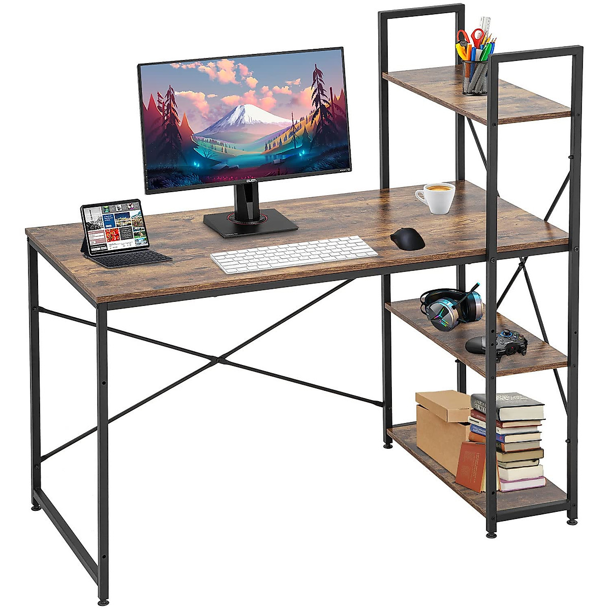 Computer Desk with 4 Tier Storage Shelf- 47 Inch Home Office Table, Modern Steel Frame Wood Study Gaming Corner Desk Easy Assemble,Brown