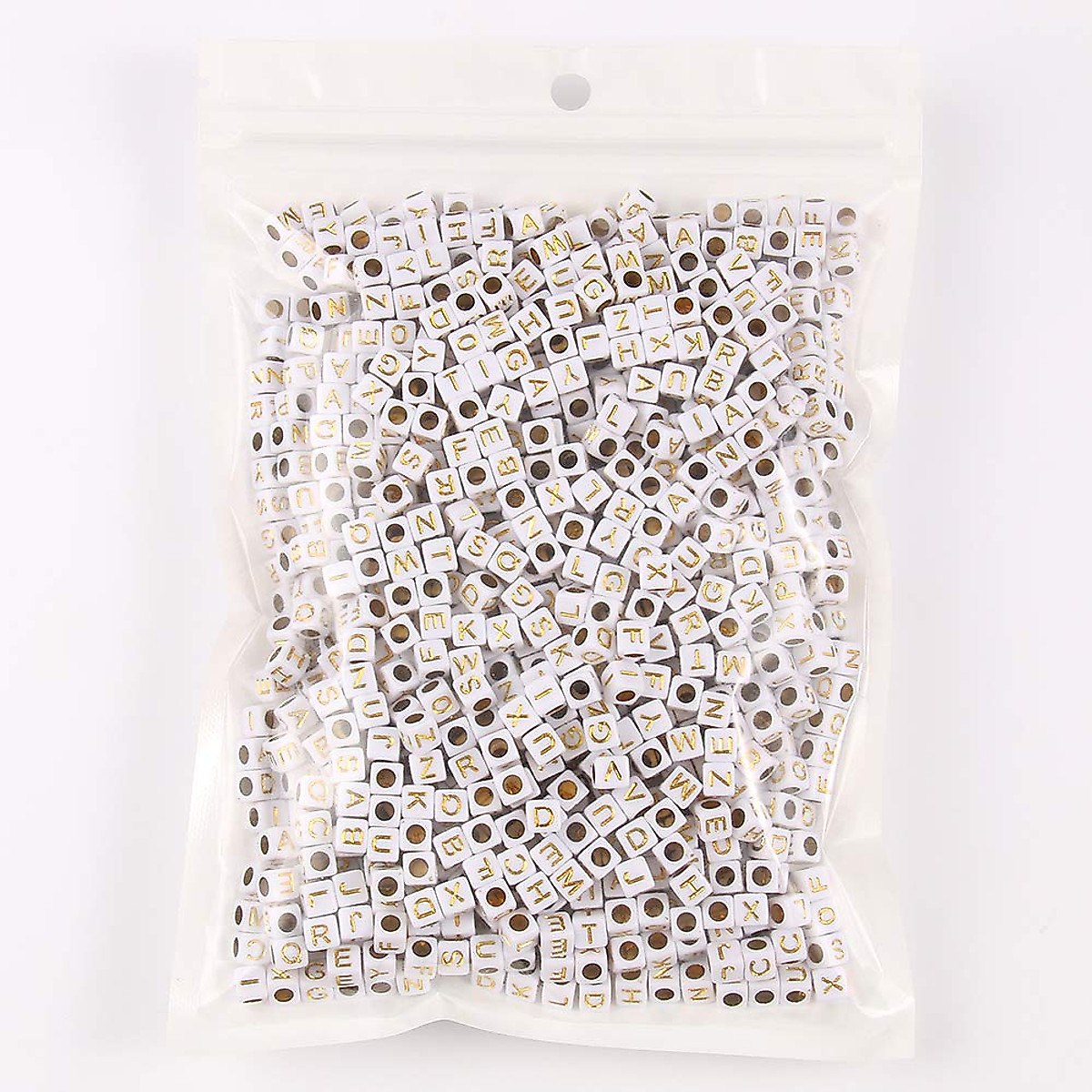 Acrylic Letter Beads Alphabet Gold Letters White Cube Bead, 6×6mm 1200pcs, for Friendship Bracelets and Gifts Souvenir Jewelry Making