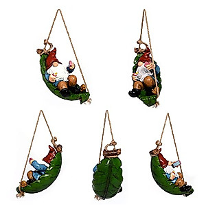 ASAMASA Funny Garden Gnomes Outdoor Hanging Statue, Fairy Garden Swinging Leaf Hammock Gnome Figurine for Lawn Patio Yard Tree Decorations,Adorable Relaxed Gnome