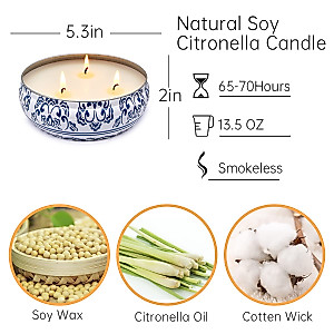 Large Citronella Candles Outdoor and Indoor, 13.5oz 3-Wick Soy Wax Portable Travel Tin Candle for Home Garden Patio Yard Balcony and Summer Gift