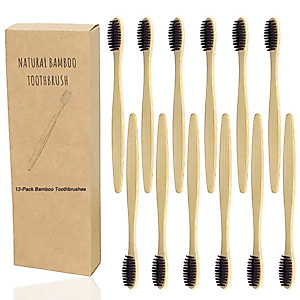 SourceTon Pack of 12, Natural Bamboo Toothbrushes, Soft Bristles Charcoal Bamboo Toothbrush