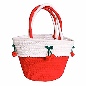 LOHGOU Women Girls Handwoven Cotton Handbag Cute Cherry Tote Bag Summer Beach Purse (Red)