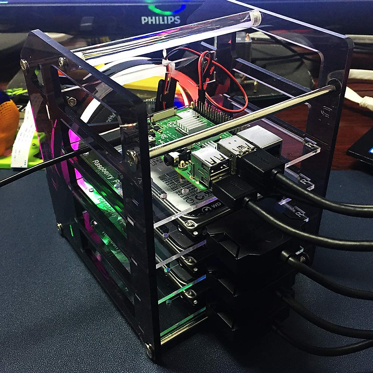 New Raspberry Pi Cluster Case, Raspberry Pi Rack Case Stackable Case with Cooling Fan 120mm RGB LED 5V Fan for Raspberry Pi 4B/3B+/3B/2B/B+ and Jetson Nano (4-Layers)
