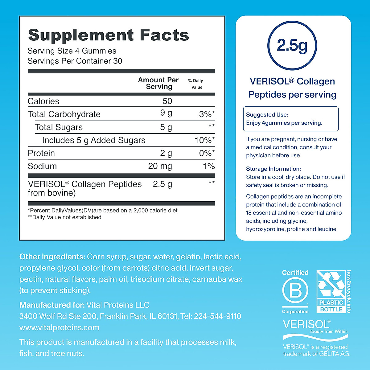 Vital Proteins Collagen Gummies, 2.5g of Clinically-Tested Collagen for Hair, Skin, Nails & Wrinkles, 120 ct, 30-Day Supply, Grape Flavor