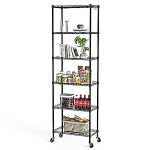 NATRKE 6-Tier Storage Shelf Wire Shelving Unit, Adjustable Heavy Duty Storage Shelves for Kitchen Organization, with Leveling Feet and Lockable Wheels, Black (21.26 Lx12 Wx69 H)