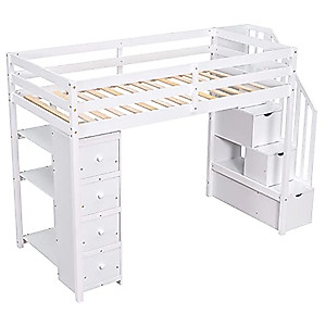 CITYLIGHT Twin Size Loft Bed with Storage Drawers and Stairs, Wooden Twin Loft Bed with Storage Shelves, High Loft Bed Twin for Kids, Teens, Boys & Girls (White)