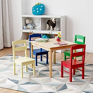 KOTEK Kids Wood Table and 4 Chair Set, Children Multi Activity Table for Learning, Playing, Drawing, Toddler Picnic Table and Chairs Set for Home, Classroom and Daycare (Assorted)