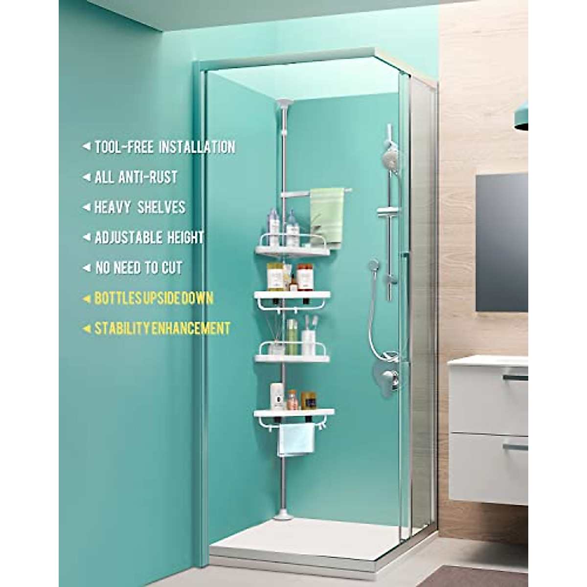 ROOMATIC 4 Layer Corner Shower Caddy, Adjustable Shower Shelf, Constant Tension Stainless Steel Pole Organizer, Rustproof 3.3 to 9.8ft