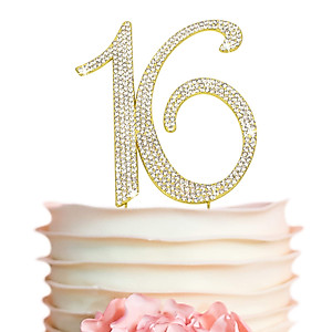 16 Cake Topper - Premium Gold Metal - Sweet 16 Birthday Party Sparkly Rhinestone Decoration Makes a Great Centerpiece - Now Protected in a Box