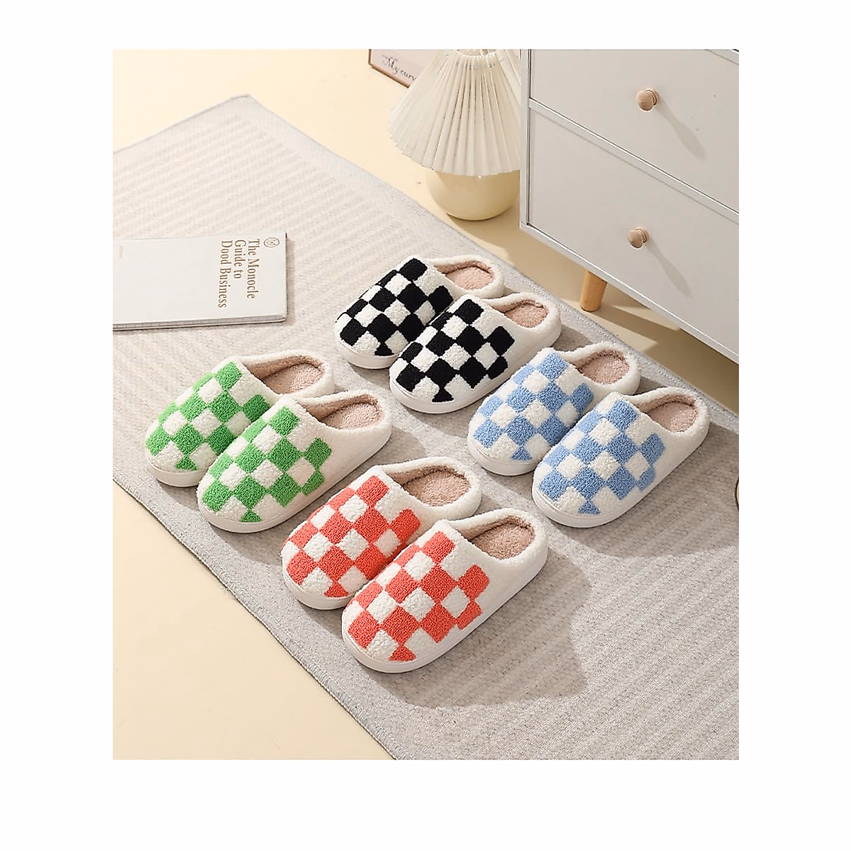 JINLONYU Checkered Slippers Cozy Warm Plush Slip-On House Shoes for Women Men Plaid Scuff Slides Blue 39-40