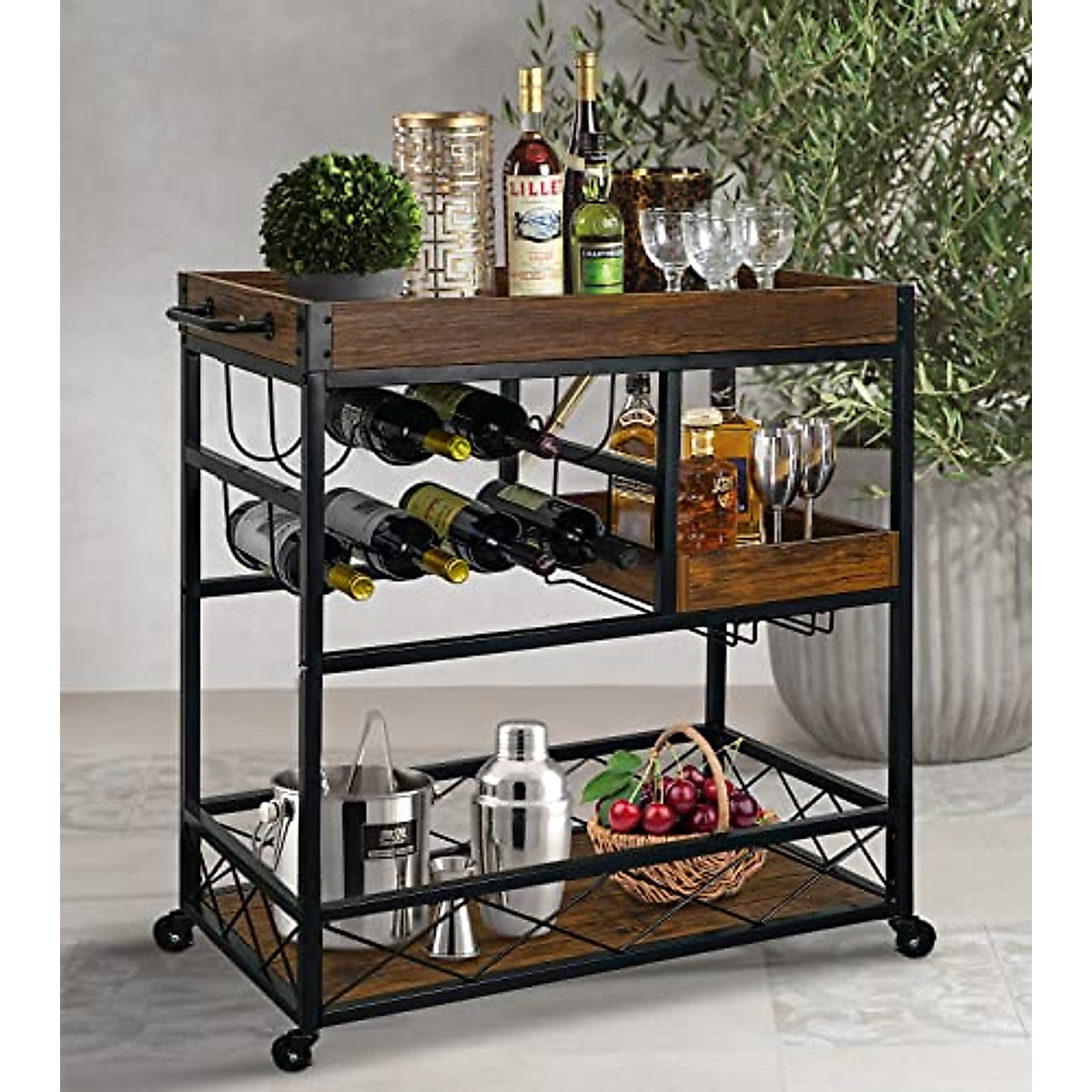 Ohsuaniy Bar Cart Industrial Kitchen Serving Carts for Home 3 Tier Storage Trolley with Wine Rack Glasses Holder Two Portable Trays Universal Casters with Brakes Rustic Rolling Cart Alcoholic Beverage