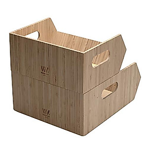 MobileVision XL Bamboo Storage Bins for Pantry & Kitchen Cabinet Organizer Multi-Purpose 2 PC Stackable Set Larger Bins for Potatoes Onions Packaged Goods & More