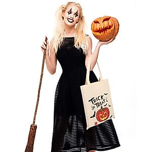 Frienda 4 Pieces Halloween Trick or Treat Bags 10.63'' Reusable Canvas Bags Cartoon Halloween Tote Bag with Pumpkin and Ghost Design for Halloween Party Supplies, Grocery Shopping