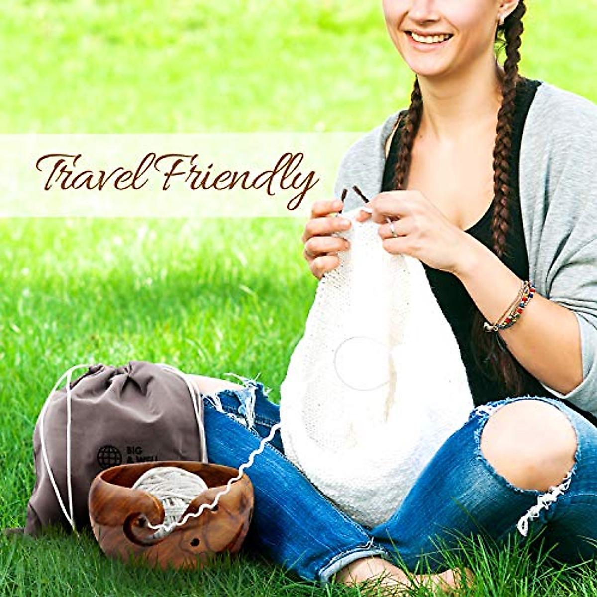 Yarn Bowls 6x3 inches for Crocheting. Wooden Yarn Bowl Holder for Knitting with Free Carry Pouch & 2 Crochet Hooks