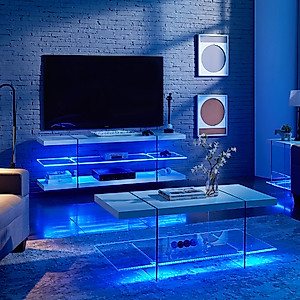 T4TREAM Modern TV Stand for 75 Inch TV, Tempered Glass and Wood Entertainment Center with RGB LED Lights, Media Console Table with Open Storage Shelves for Living Room, Solid White