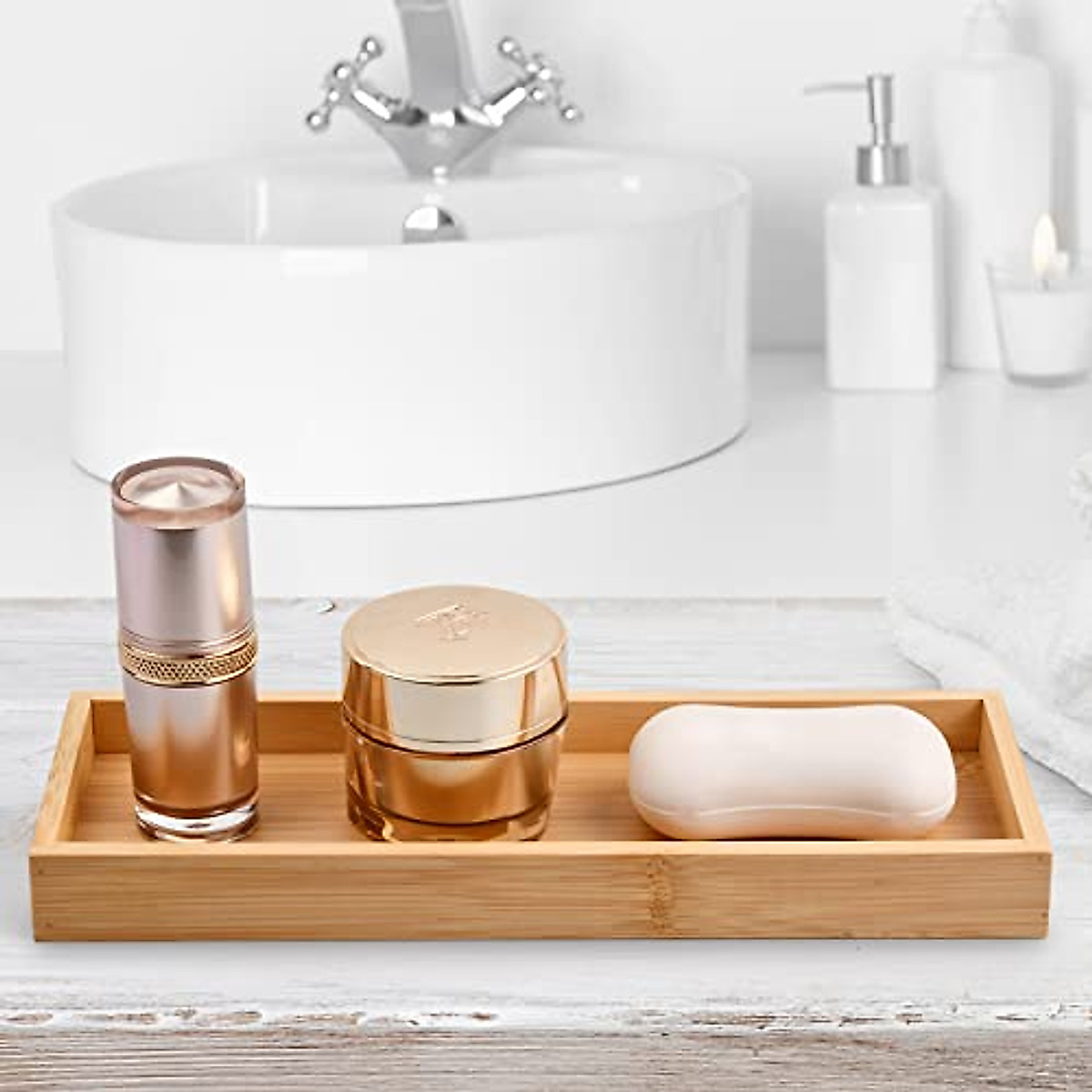 3 Pcs Bamboo Tea Serving Tray, Decorative Multi Use Bathroom Counter Tray with Edges Bamboo Vanity Tray for Dresser Counter Food Coffee Tea Snack Tissues Candles, 11 x 4 Inch