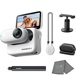 Insta 360 GO 3 Small Action Camera, Waterproof, Stabilization, POV Capture, with Charge Case and Wearable Camera Accessories for Travel, Sports, Vlog, Selfie Stick Kit with a Lens Cleaning Cloth