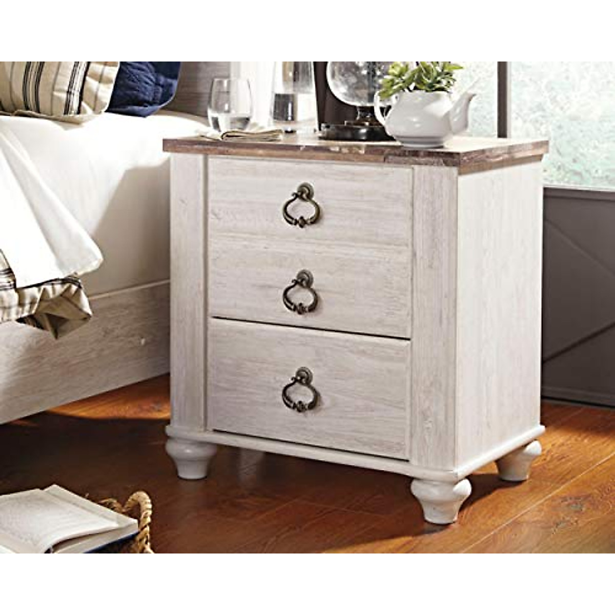 Signature Design by Ashley Willowton Farmhouse 2 Drawer Nightstand with USB Charging Ports, Whitewash