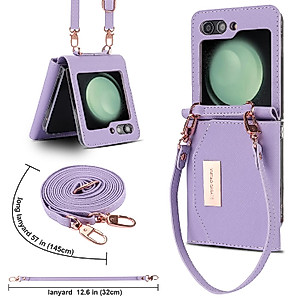 XIMAND for Samsung Galaxy Z Flip 5 Wallet Case with Built-in Leather Cash Slot and Credit Card Holder. Wristlet Strap and Hinge Protection, Carrying Handbag Phone Case for Women Ladies.(Purple)