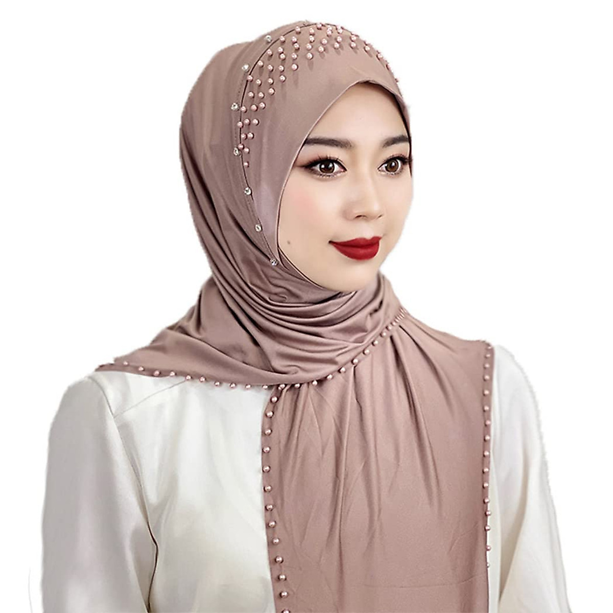 Woeoe Women Rhinestone Pearl Muslim Head Wrap Plain Color Crystal Muslim Hijab Cap Lightweight One Piece Breathable Head Scarf