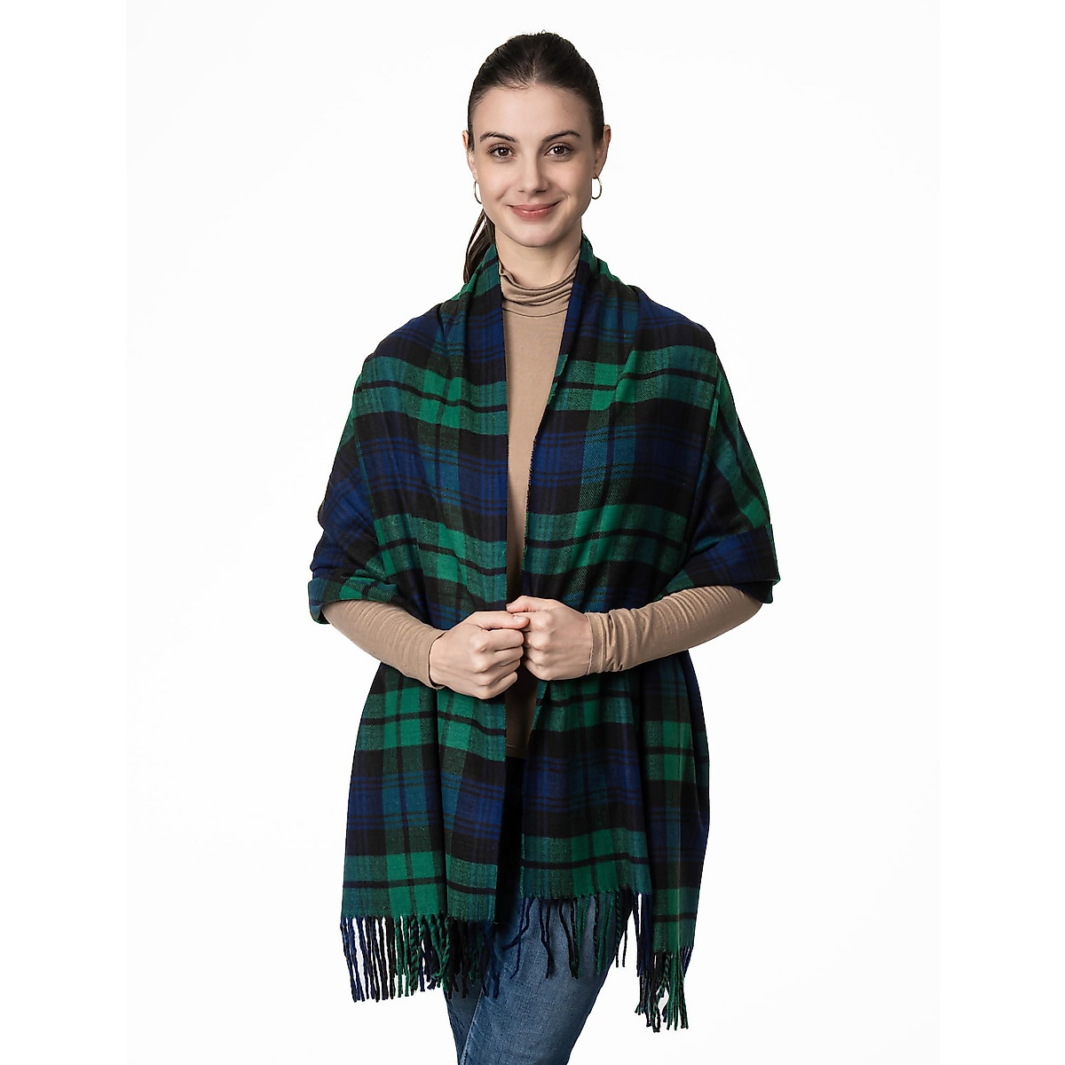 Achillea Long & Wide Scottish Tartan Plaid Large Cashmere Feel Blanket Scarf Check Shawl Wrap 80" x 29" (Green)